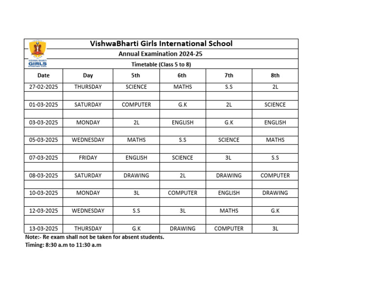 Annual Examination Timetable 2024_25 (5 to 8) | PDF