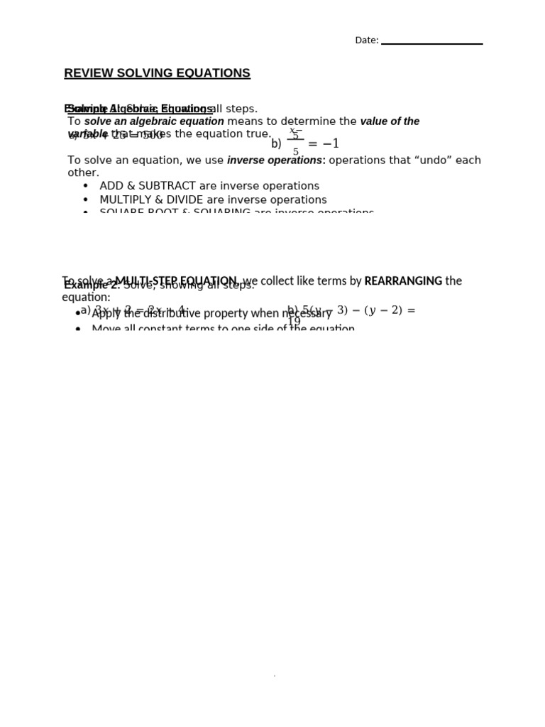 Review Solving Equations (From Before Break) | PDF
