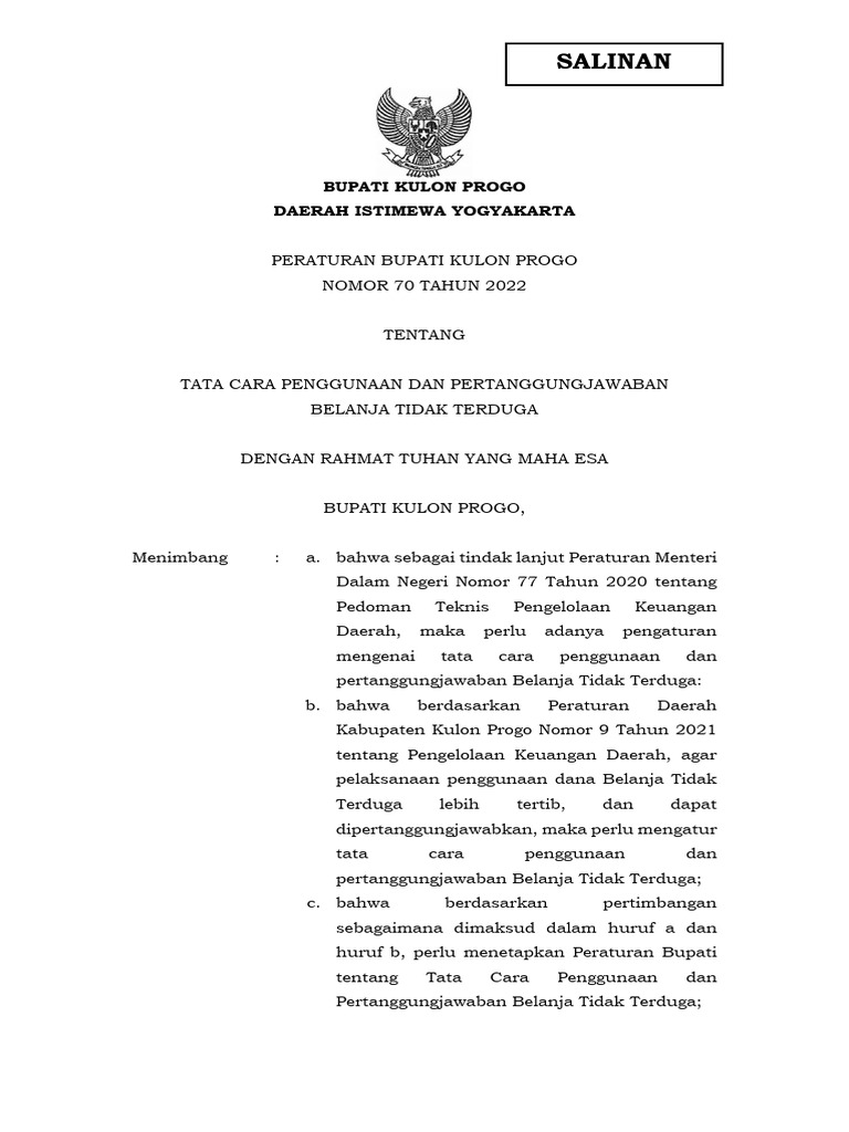 Perbup Kulon Progo No 70 Tahun 2022 | PDF