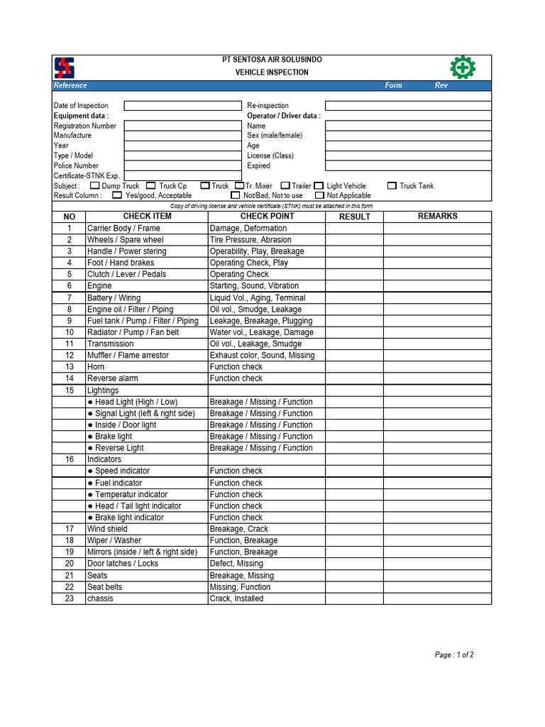 Vehicle Inspection Checklist Form | PDF | Truck | Manufactured Goods