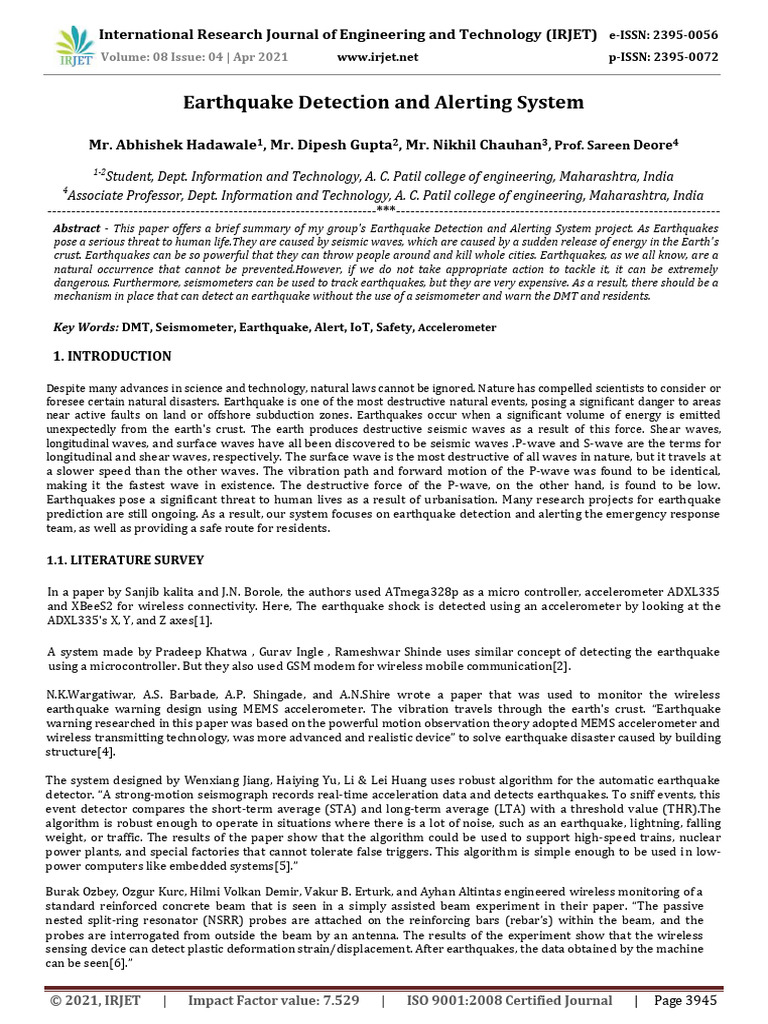 IRJET Earthquake Detection and Alerting | PDF | Arduino | Earthquakes