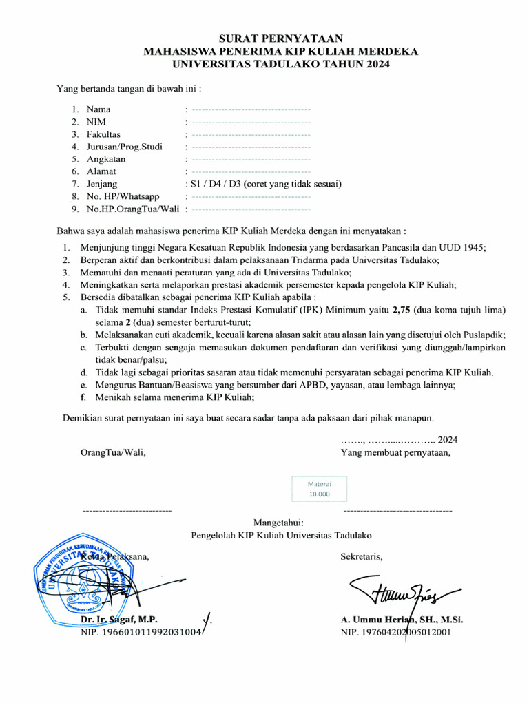 Surat Pernyataan Penerima Kip Kuliah Tahun 2024 | PDF