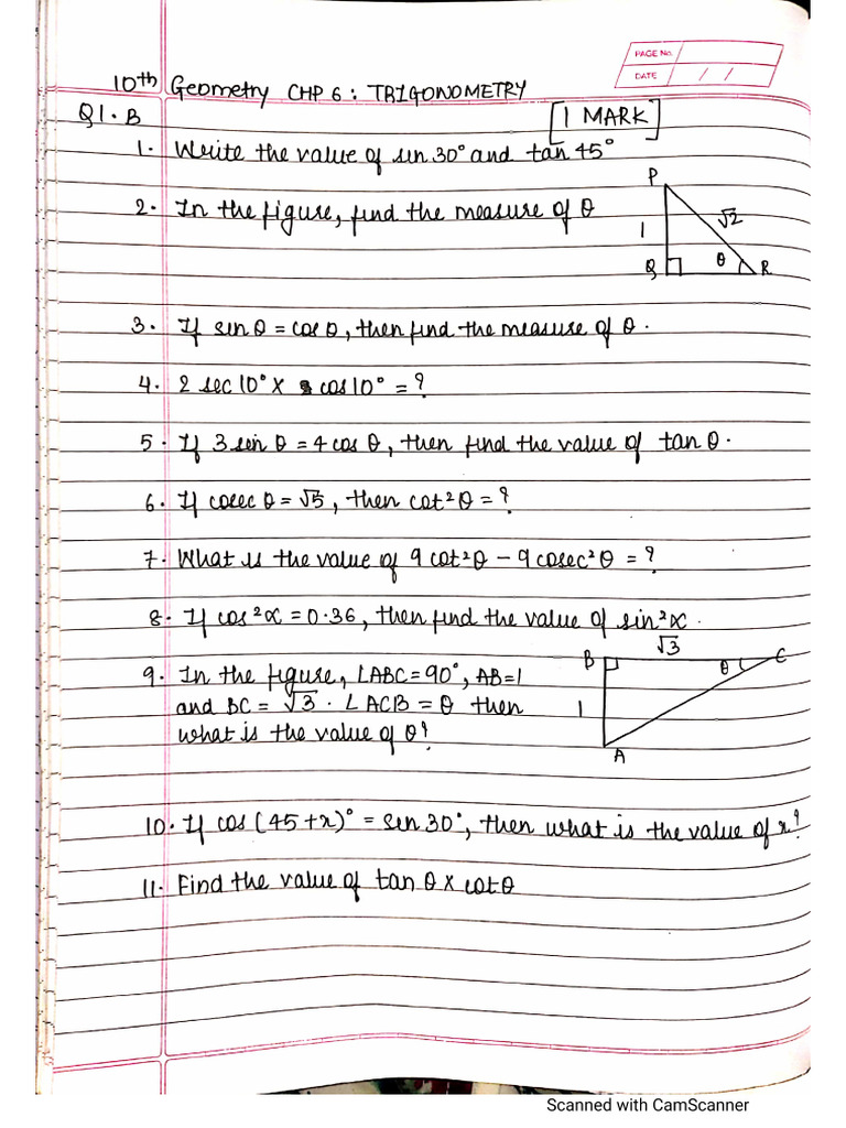 10th Geom Chap 6 Trigo 1 MK Q.1 B | PDF
