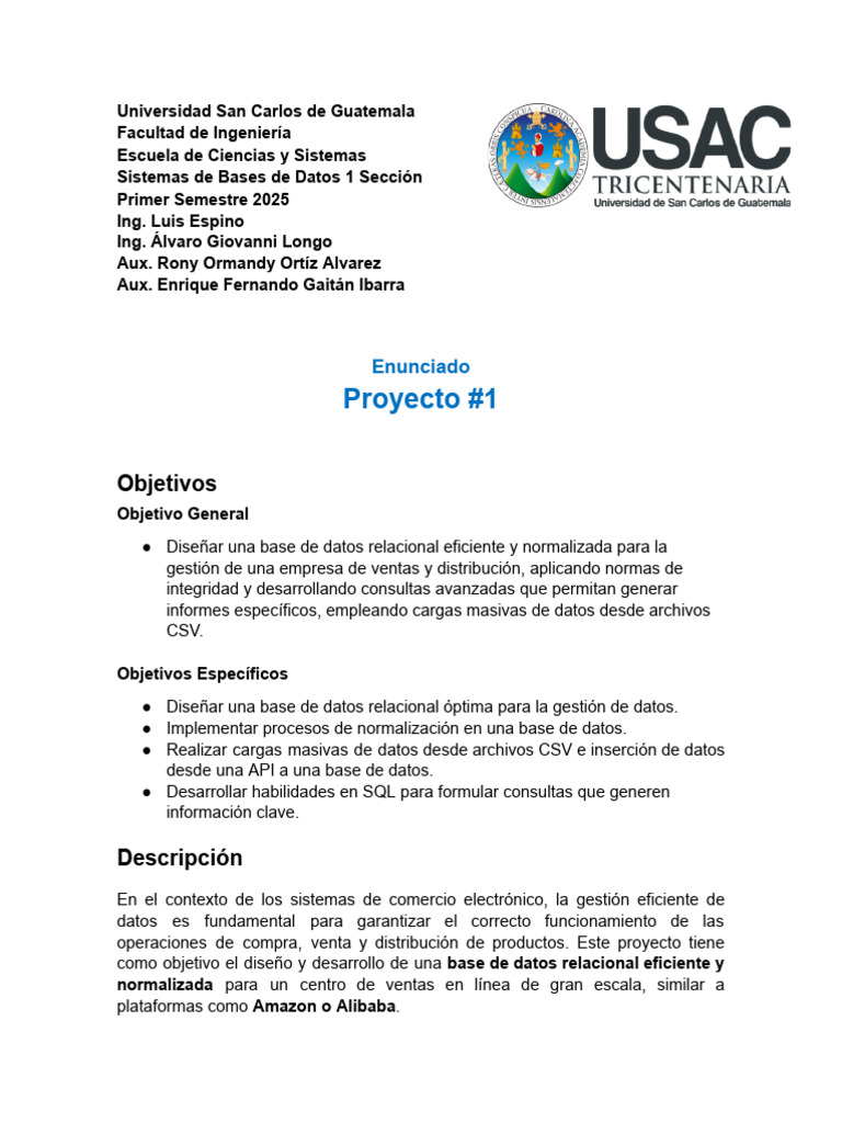 Enunciado Proyecto 1 - SBD1 - 0774 | PDF | Bases de datos | Logística