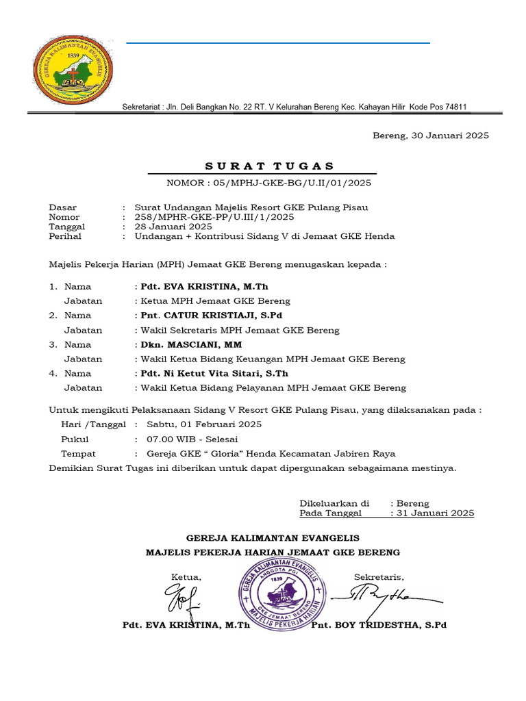 Surat Tugas Sidang V GKE Pulang Pisau | PDF