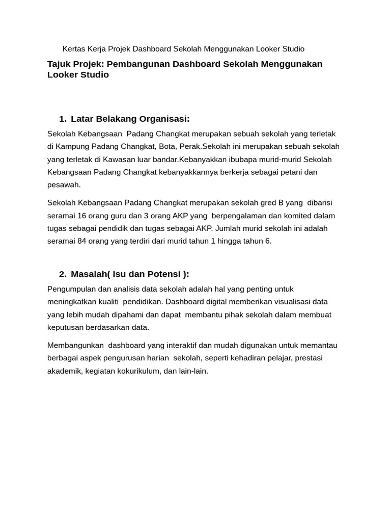 Kertas Kerja Projek Dashboard Sekolah Menggunakan Looker Studio 8224 | PDF