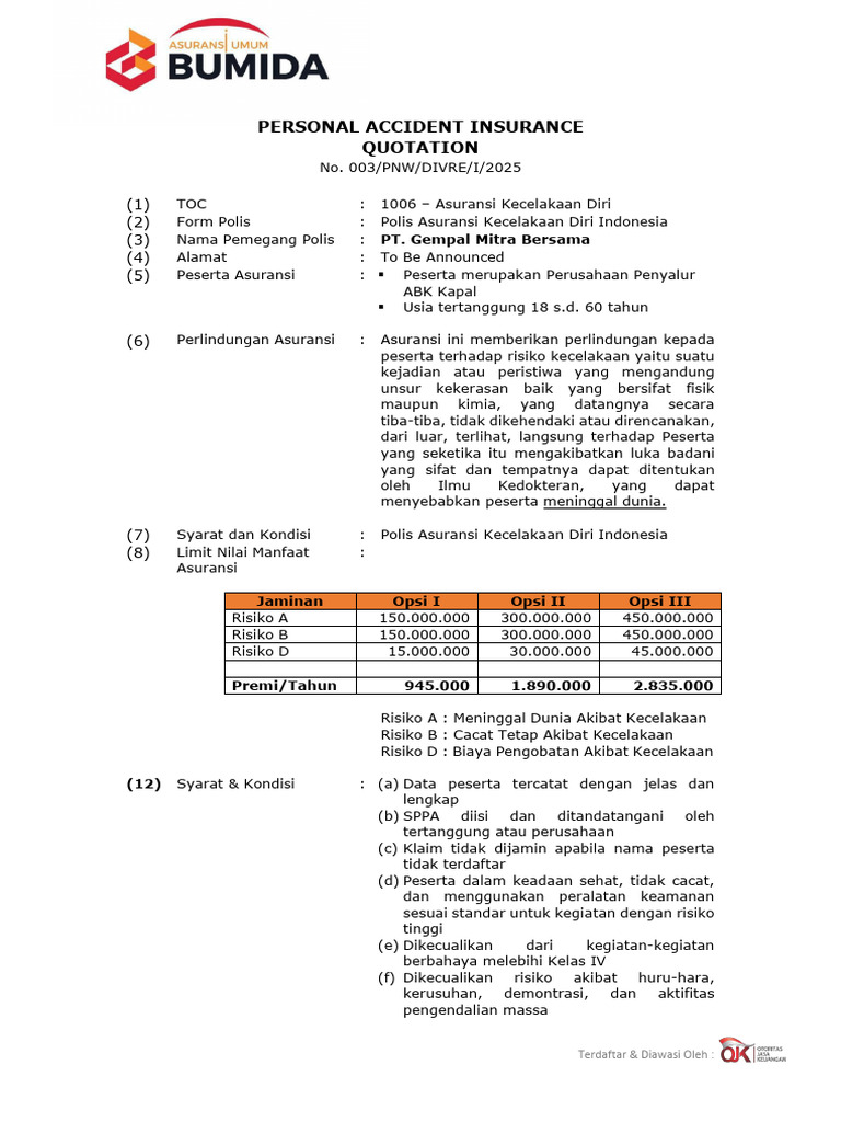 03. Quotation Asuransi Kecelakaan Diri ABK PT. Gempal Mitra Bersama | PDF