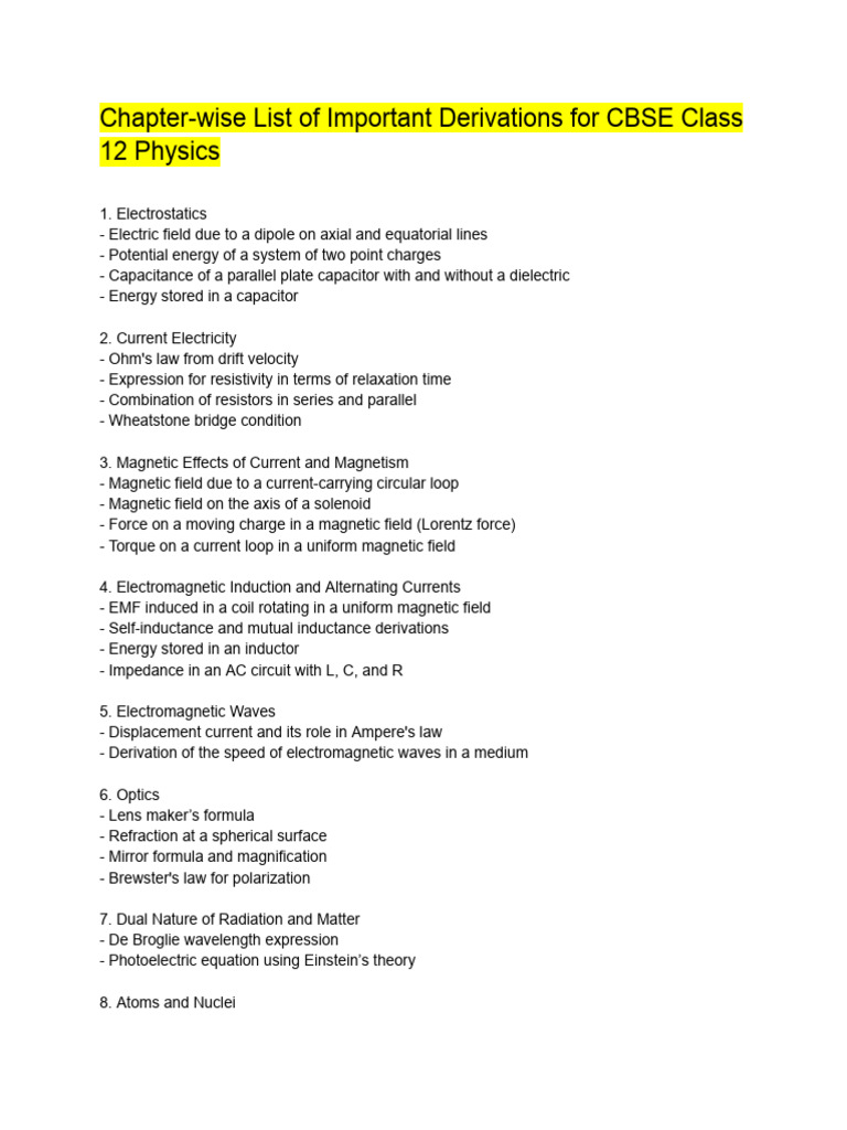 Physics Important Derivations | PDF