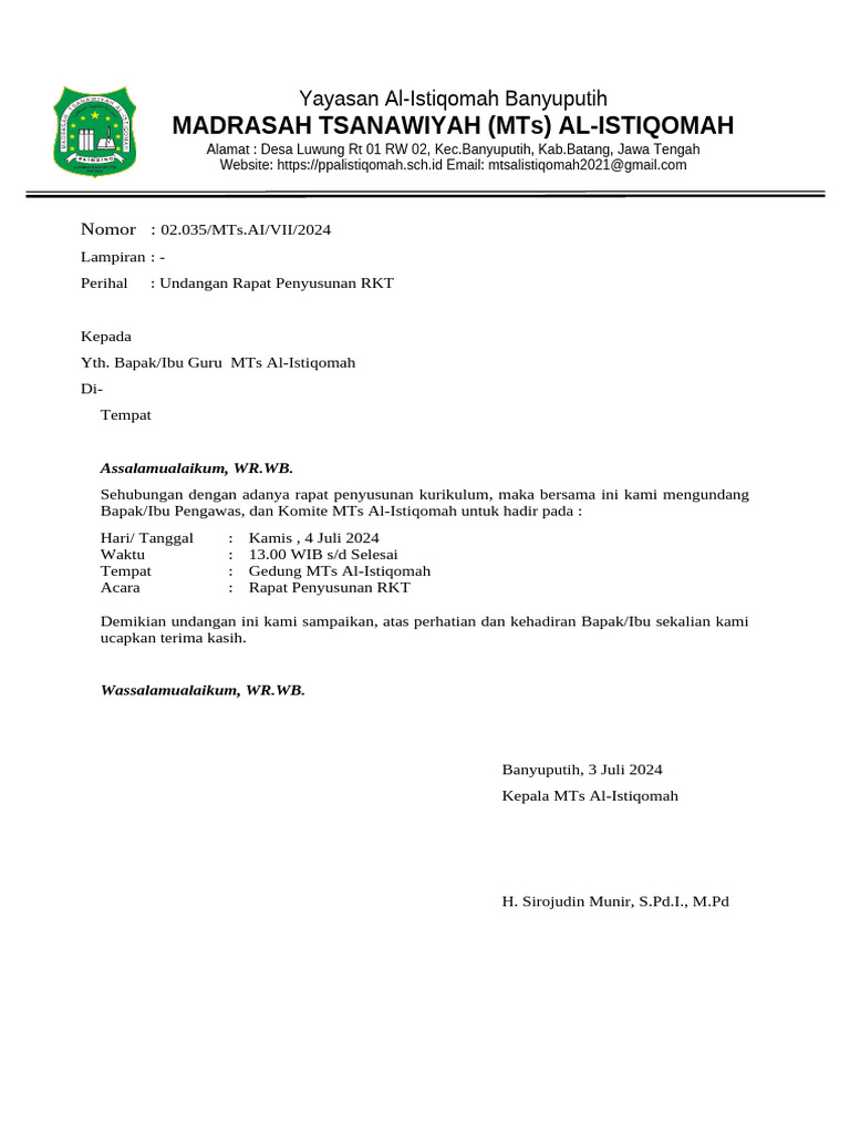 Surat Undangan Rapat Penyusunan RKT | PDF