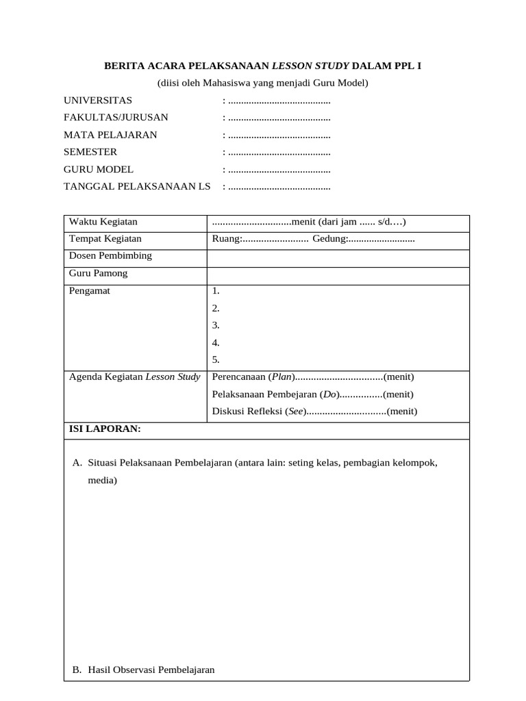 BERITA ACARA PELAKSANAAN LESSON STUDY DALAM PPL I (LEMBAR OBSERVASI) | PDF