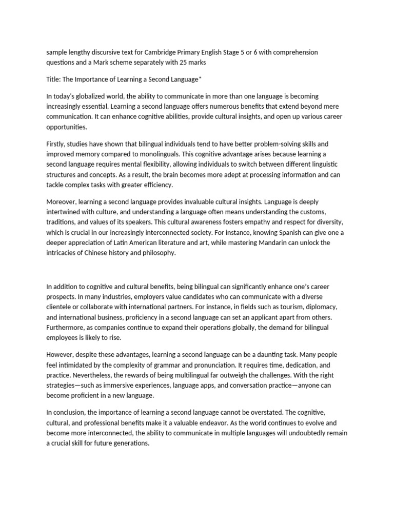 Sample Lengthy Discursive Text For Cambridge Primary English Stage 5 or ...
