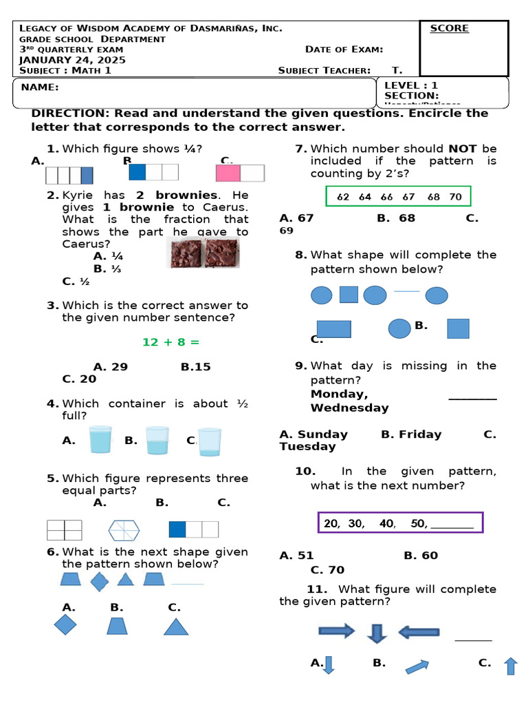Math 1 3RD Quarter Exam 1 1 | PDF