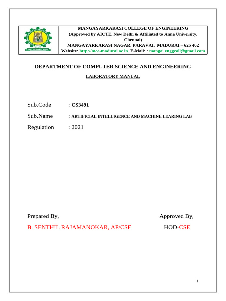 CS3491 AI and ML Lab Manual | PDF | Coefficient Of Determination ...