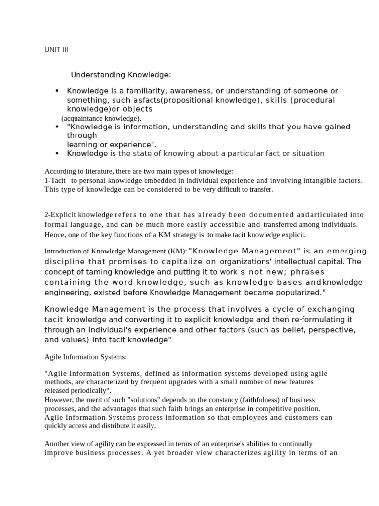 Unit-Iii-Agile Knowledge | PDF | Knowledge | Knowledge Management