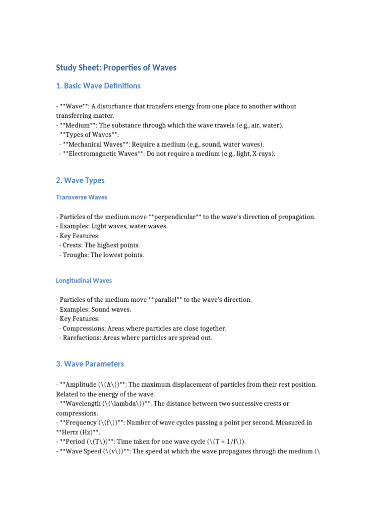 Properties of Waves Study Sheet | PDF | Waves | Frequency