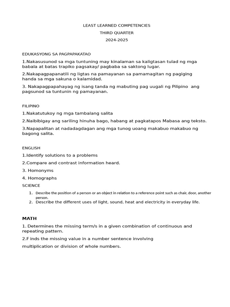 LEAST LEARNED COMPETENCIES | PDF