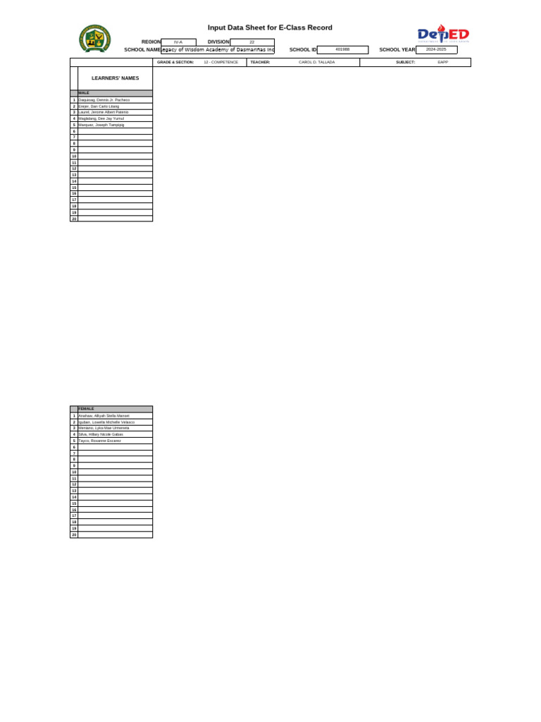 E-Class Record for EAPP Grade 12 | PDF