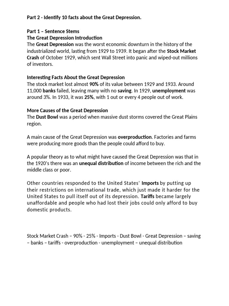 The Great Depression Sentence Stems | PDF