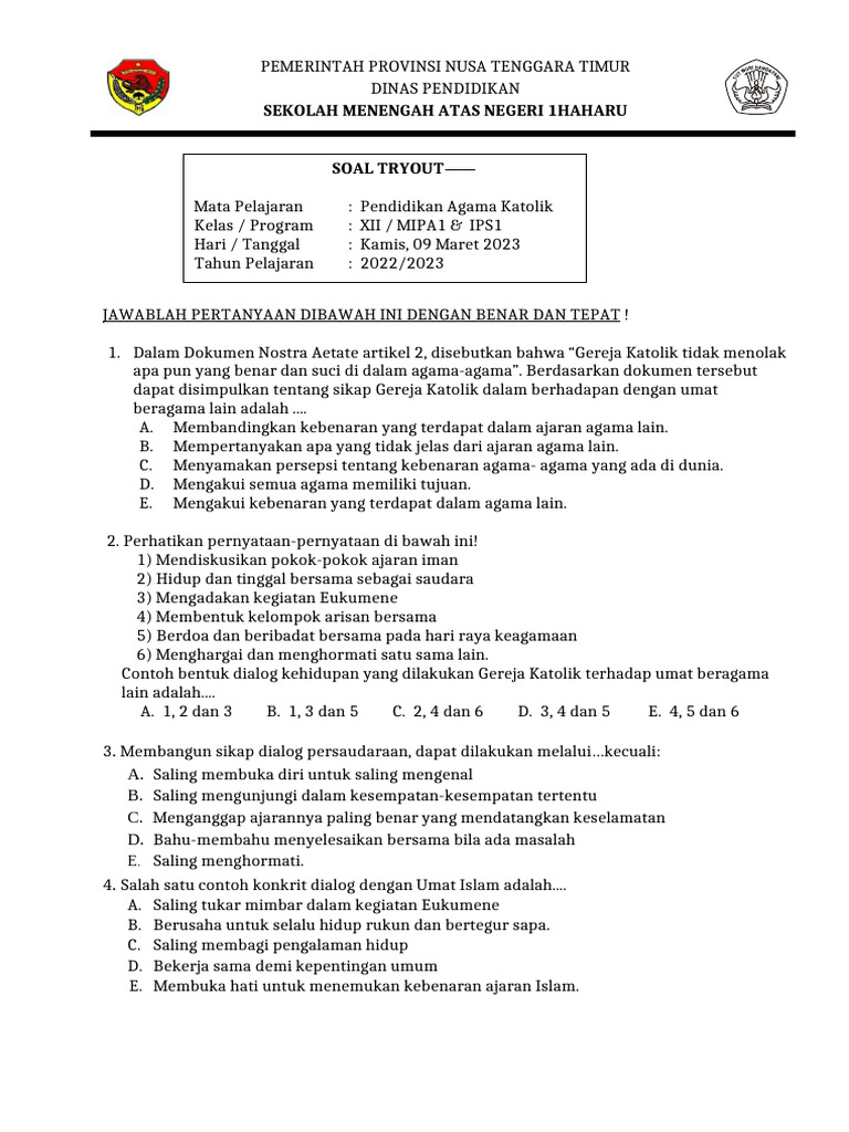 Soal Tryout Pak Xii & PTS X, Xi THN 2023 (Yuli) | PDF