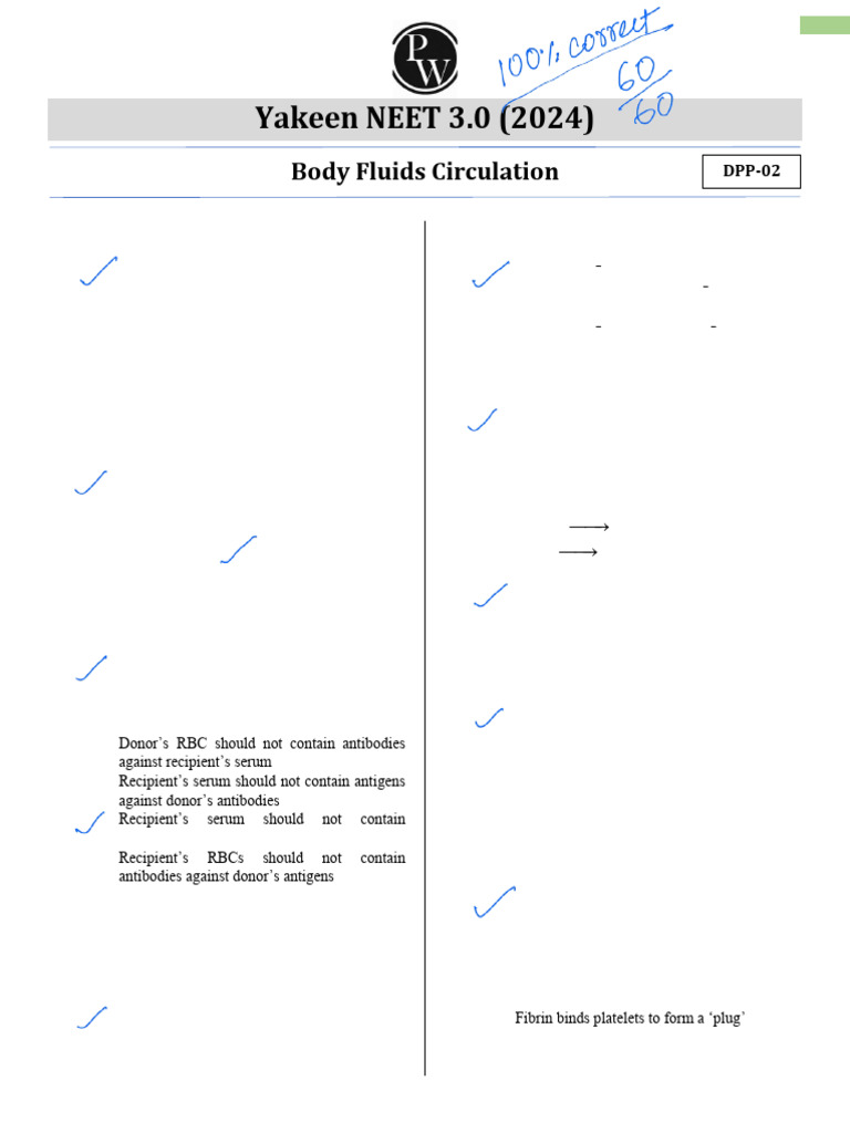 Body Fluids and Circulation: DPP 02 (Of Lecture-03) - Yakeen 3.0 2024 | PDF | Blood Type ...