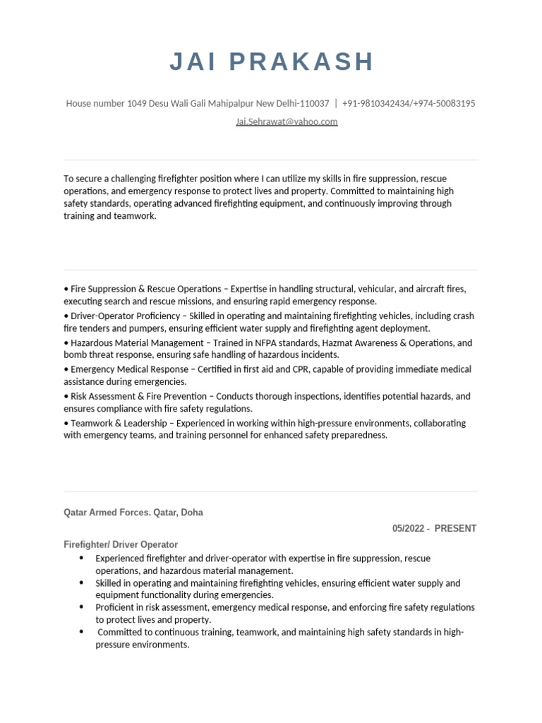 Jai Prakash Resume Words | PDF | Firefighter | Firefighting