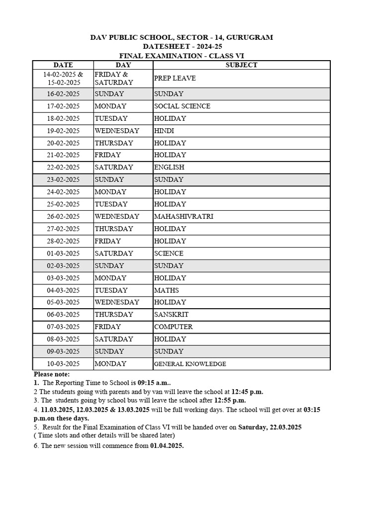Class VI Final Exam Datesheet 2024-25 | PDF