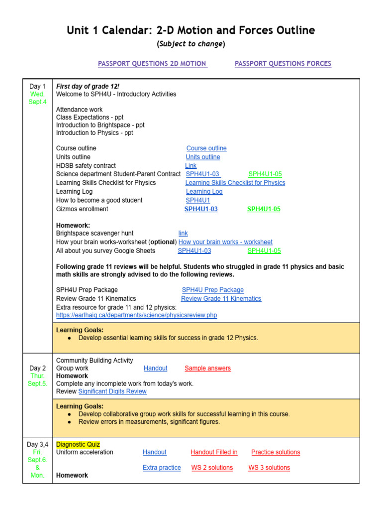 Unit 1 Daily Calendar SEM 1 2024 - 25 | PDF | Force | Euclidean Vector