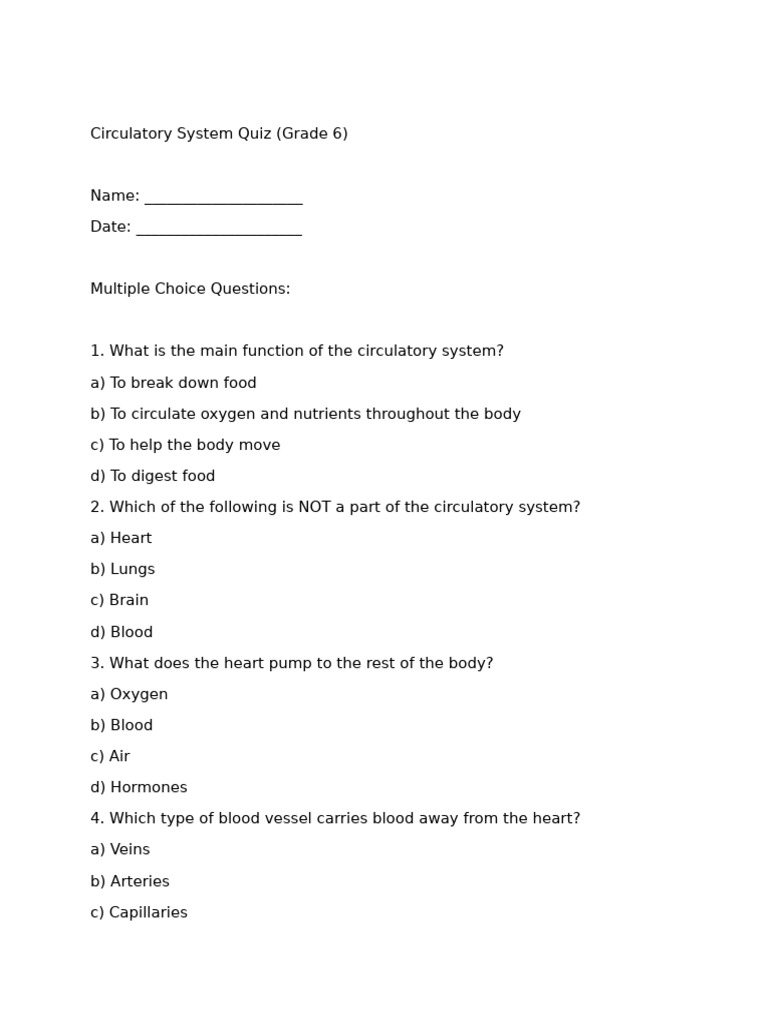 Circulatory System Quiz | PDF | Circulatory System | Blood