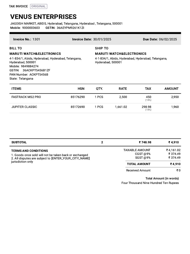 Invoice for Fastrack & Jupiter Watches | PDF