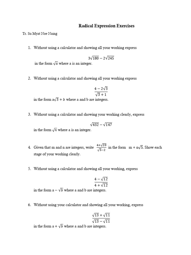 Radical Expression Exercises by TR Su | PDF