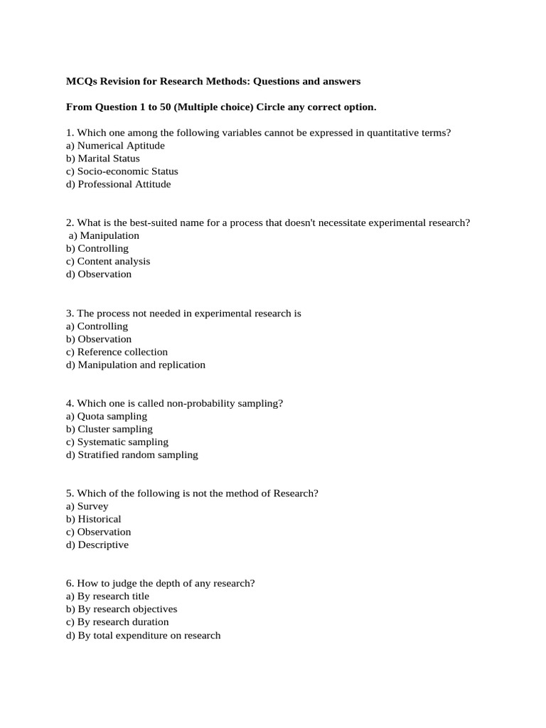 MCQs Revision For Research Methods XXXX | PDF | Sampling (Statistics) | Statistics