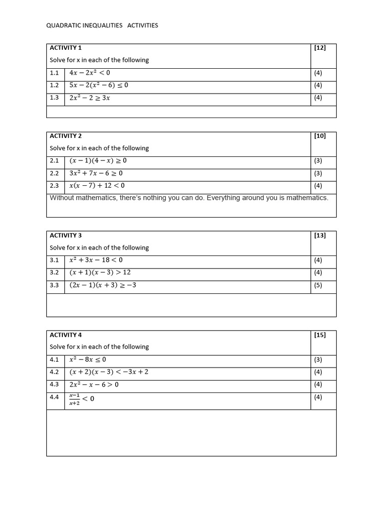 Quadratic Inequalities Activities Guide | PDF