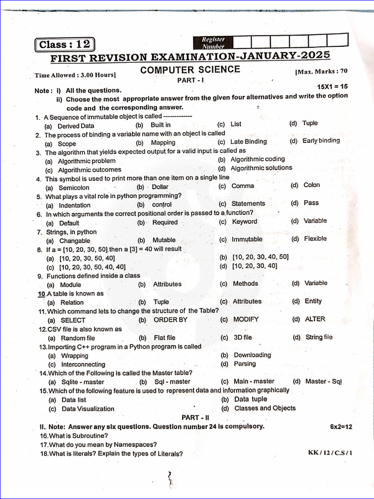 12th Computer Science EM First Revision Exam 2025 Question Paper Kallakurichi District English ...