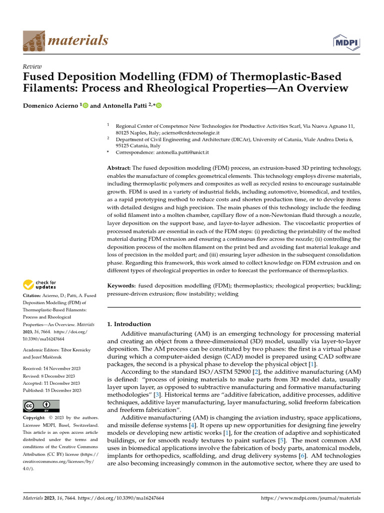 Fused Deposition Modelling (FDM) of Thermoplastic-Based Filaments Process and Rheological ...