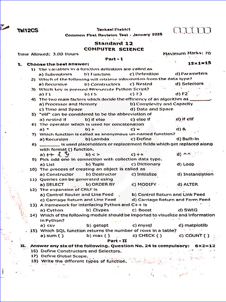 12th Computer Science EM 1st Revision Exam 2025 Question Paper With ...