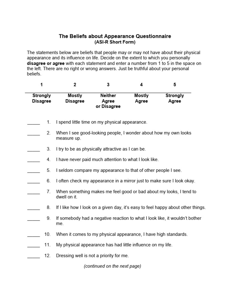 Beliefs About Appearance Scale | PDF | Psychology | Psychological Concepts
