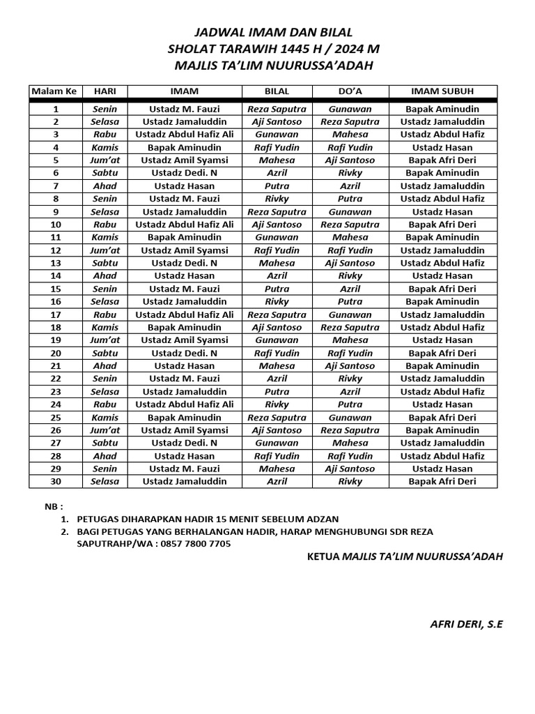 JADWAL TARAWIH MAJLIS TA'LIM NUURUSSA'ADAH 1445 H (2024)-1 | PDF