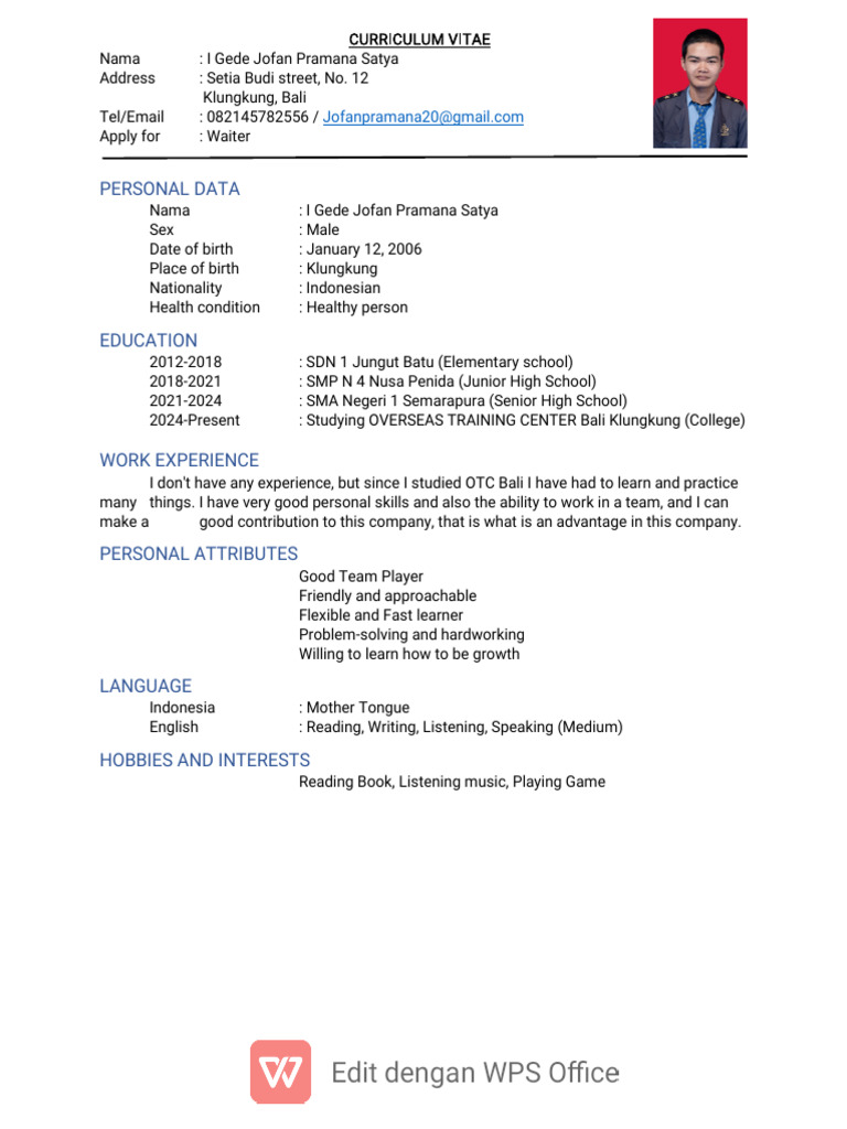 I Gede Jofan Pramana Satya - Waiter - CV - Atlas Super Club - 28!11!2024 | PDF