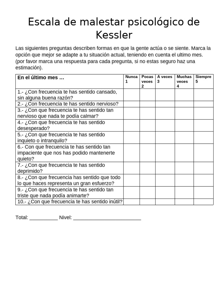 Escala Kessler de Malestar Psicológico | PDF