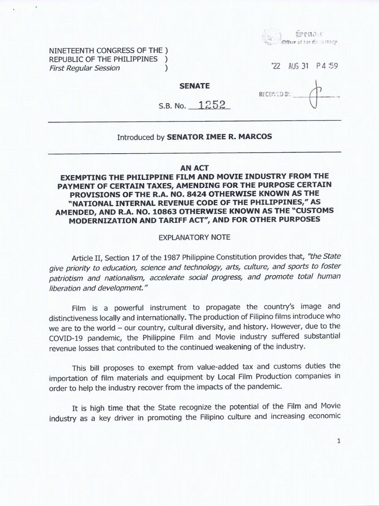 Philippine Film Industry Tax Exemption Bill | PDF | Taxes | Customs