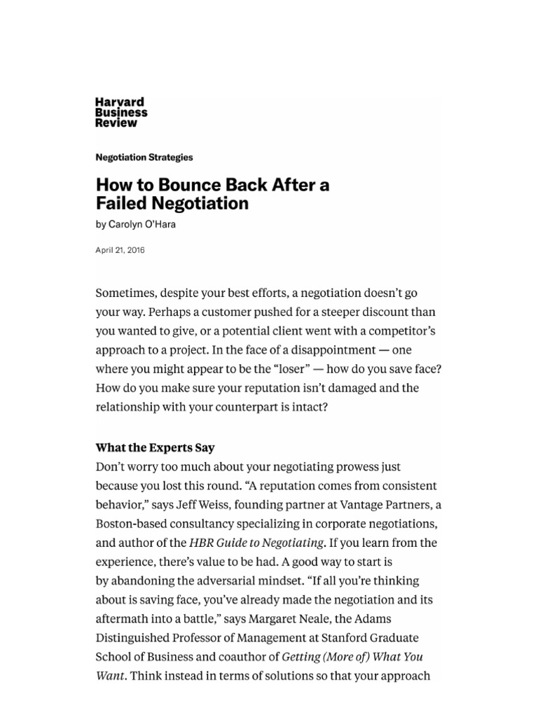 How To Bounce Back After A Failed Negotiation | PDF