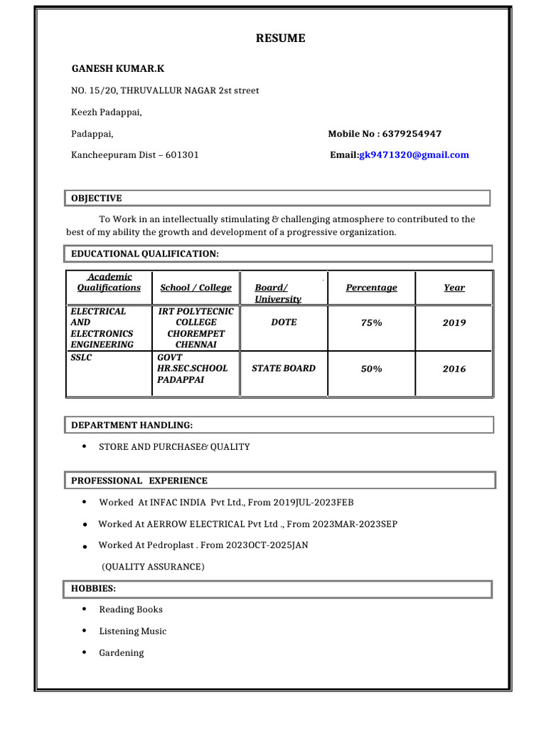 Ganesh Kumar - Resume - Doc 2001 | PDF