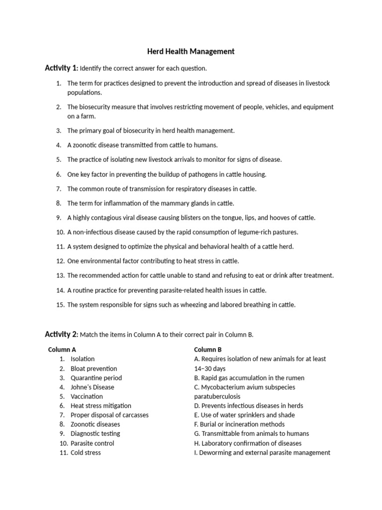1 Herd Health Management Activities | PDF | Cattle | Infection