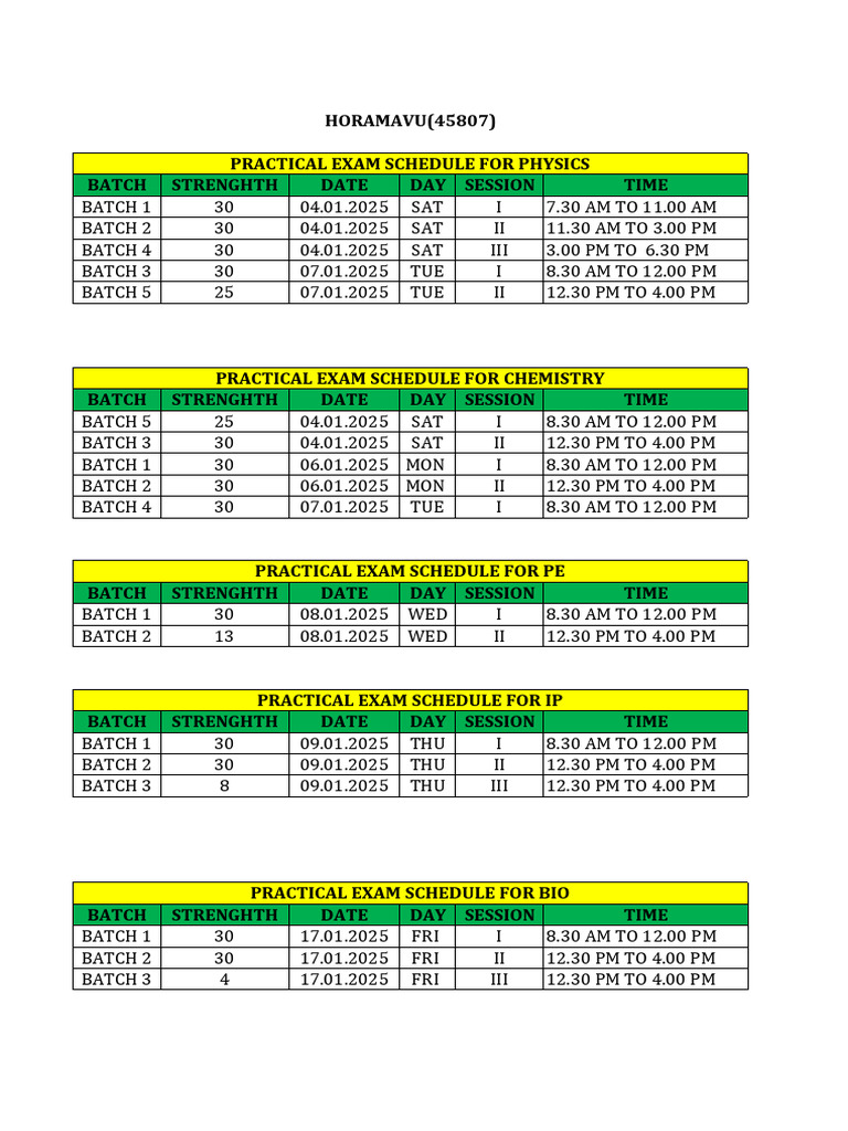 Horamavu Practical Time Table 2025 | PDF