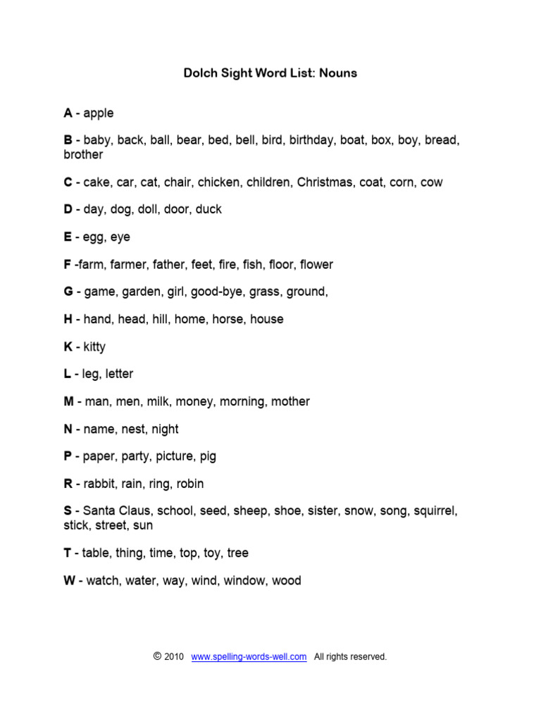 Dolch Sight Word List Nouns | PDF