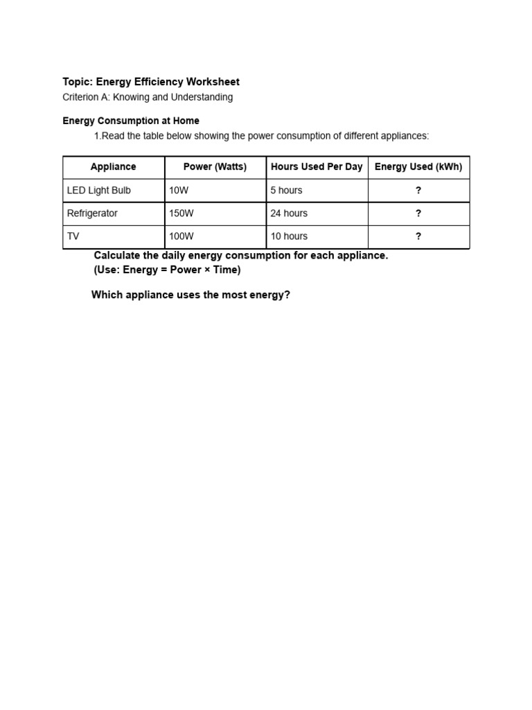 Topic Energy Efficiency Worksheet 1 | PDF