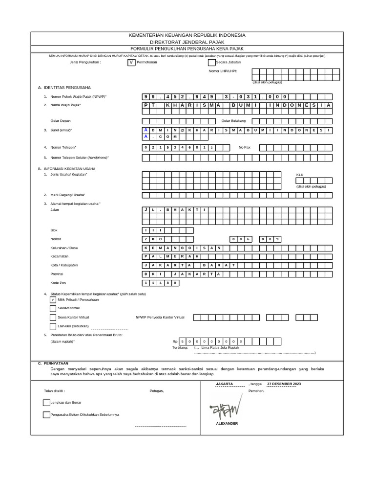 Formulir Pengukuhan PKP - PT - Kbi | PDF