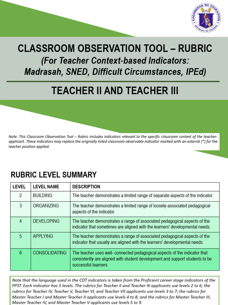 COT Rubric For Domain 3 Indicators Teachers II and III Applicant | PDF | Learning | Teachers