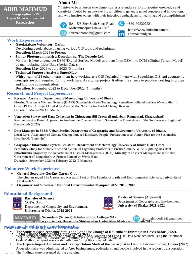 Abir Mahmud_CV | PDF | Geographic Information System | Earth Sciences