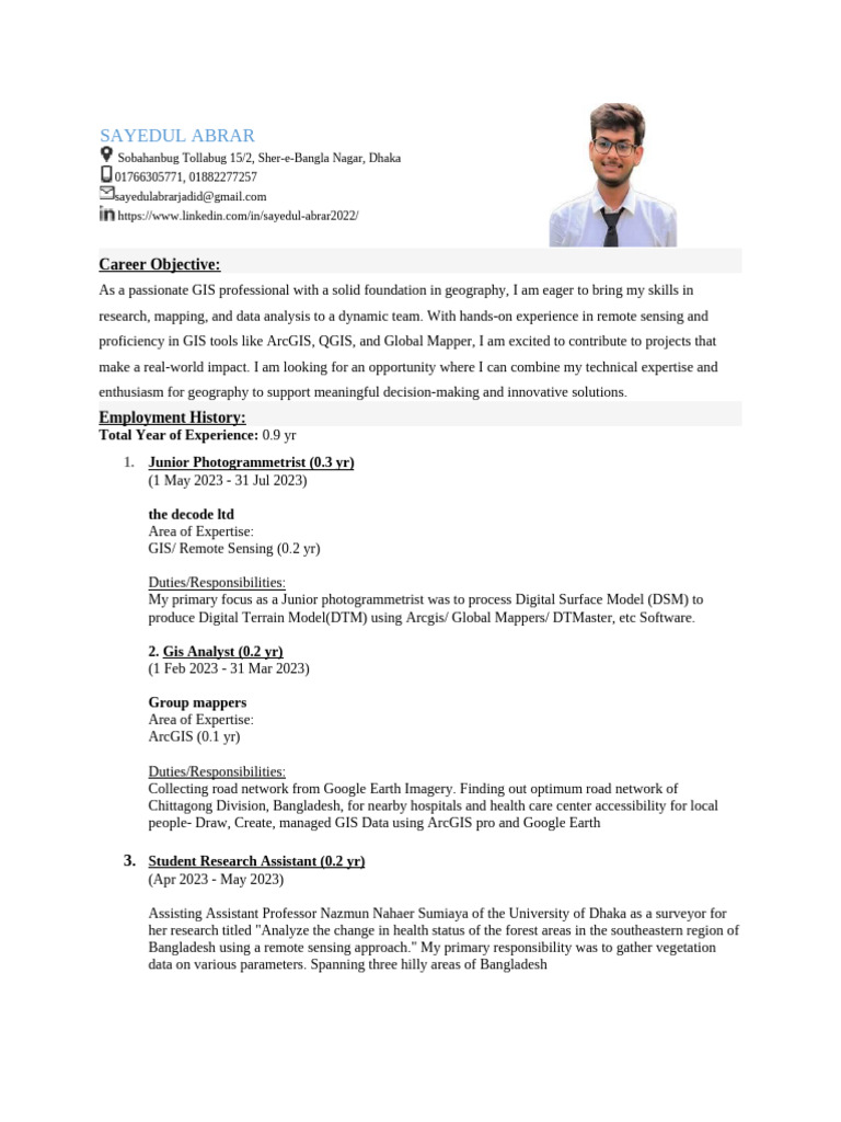 SAYEDUL ABRAR CV | PDF | Geographic Information System | Arc Gis SAYEDUL ABRAR CV | PDF | Geographic Information System | Arc Gis